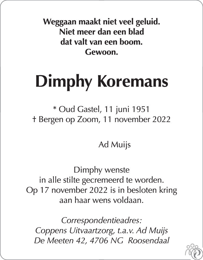 Dimphy Muijs-Koremans 17-11-2022 overlijdensbericht en condoleances ...
