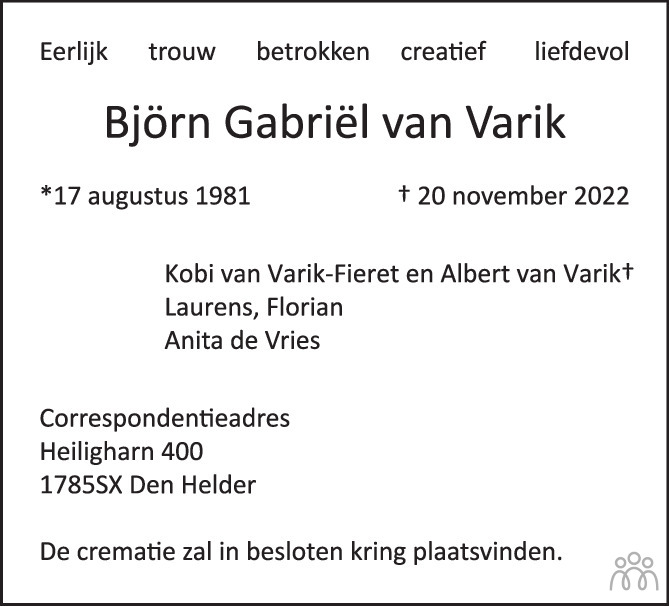 Björn Gabriël van Varik 20-11-2022 overlijdensbericht en condoleances ...