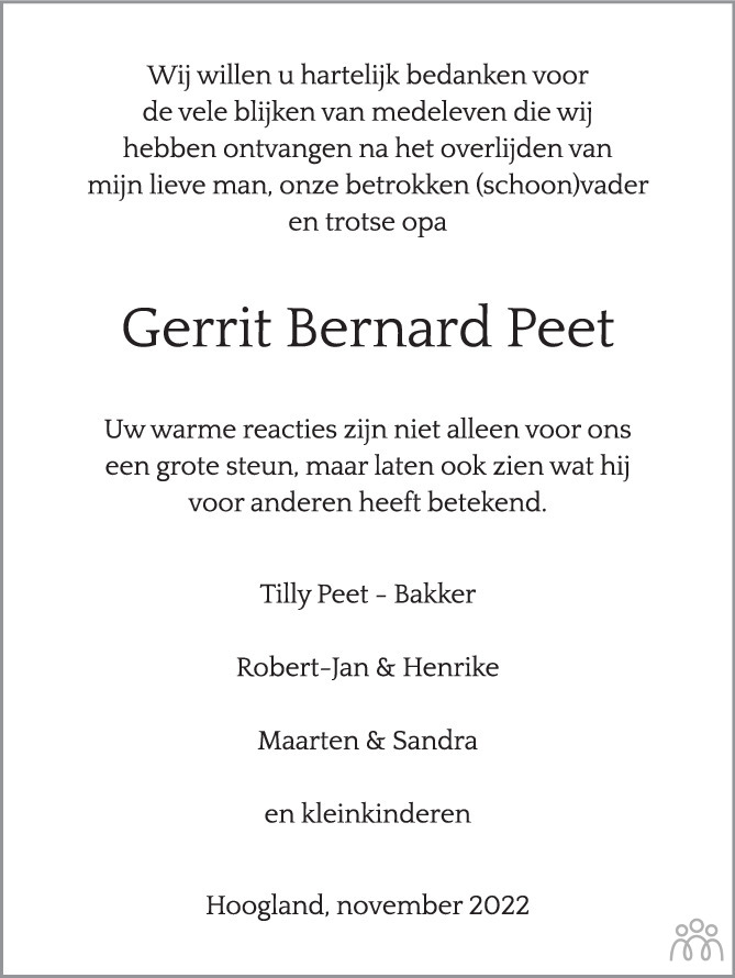 Gerrit Bernard Peet 02-10-2022 overlijdensbericht en condoleances ...