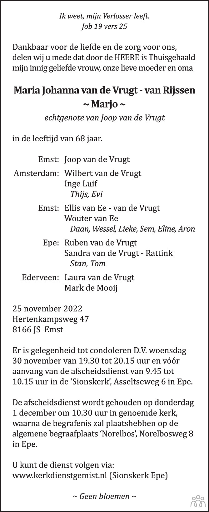 Maria Johanna (Marjo) van de Vrugt-van Rijssen 25-11-2022 ...