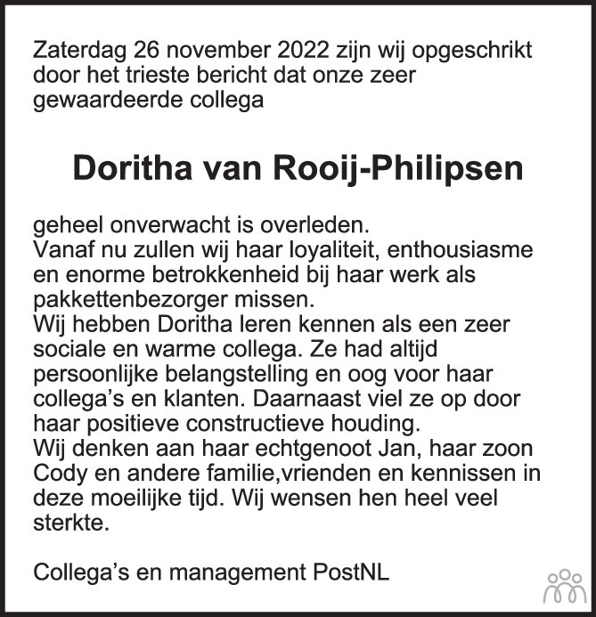 Doritha van Rooij-Philipsen 26-11-2022 overlijdensbericht en ...