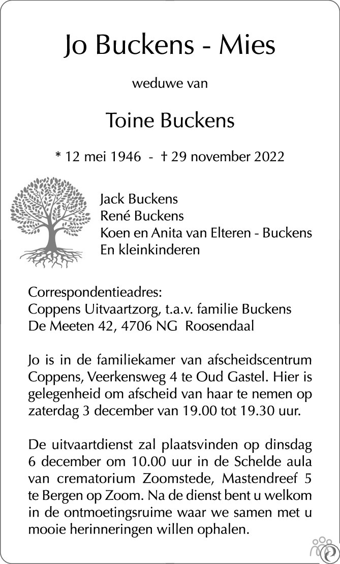 Jo Buckens-Mies 29-11-2022 overlijdensbericht en condoleances ...