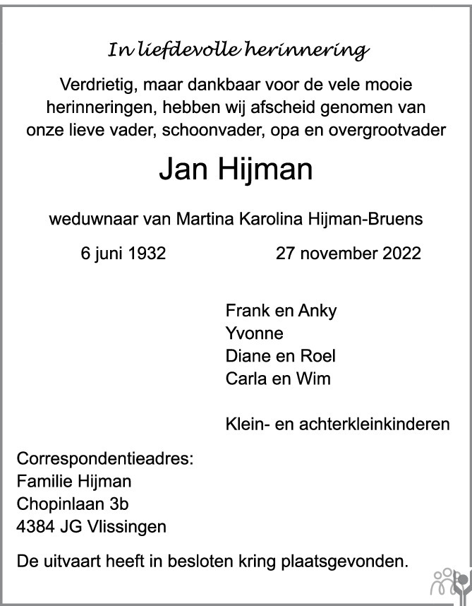 Jan Hijman 27-11-2022 overlijdensbericht en condoleances - Mensenlinq.nl