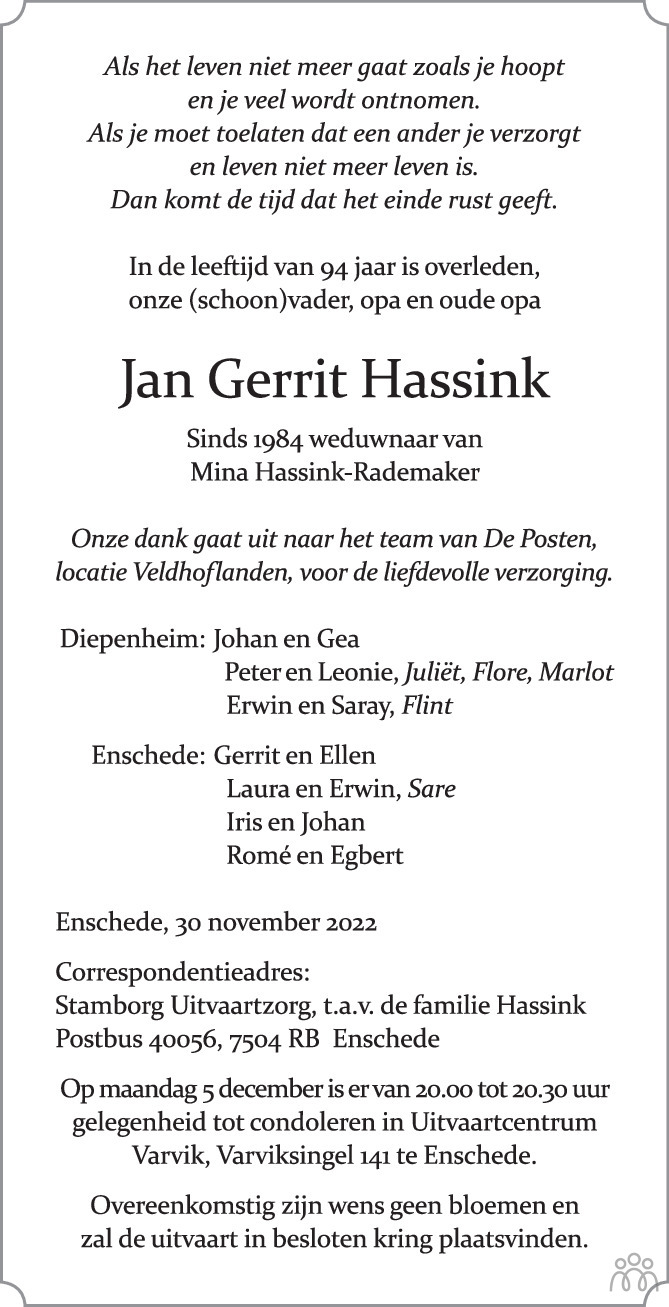 Jan Gerrit Hassink 30-11-2022 overlijdensbericht en condoleances - Mensenlinq.nl