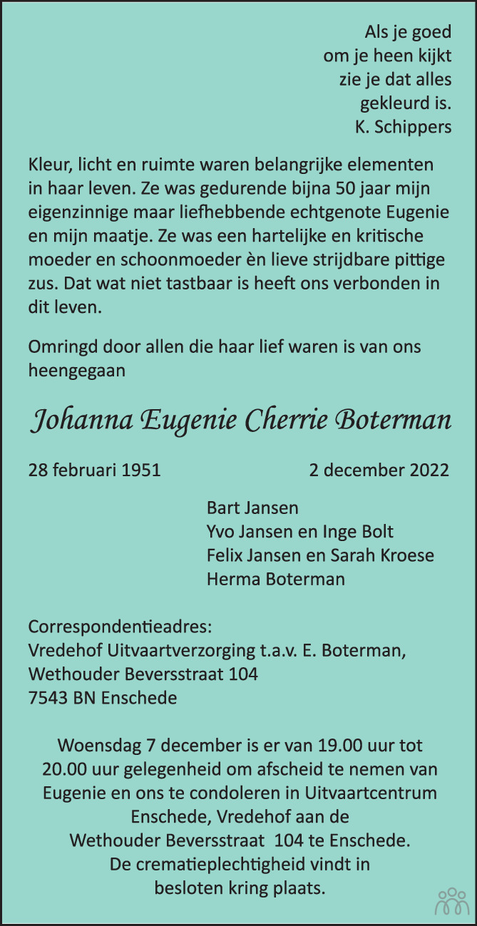 Johanna Eugenie Cherrie Boterman 02-12-2022 overlijdensbericht en ...