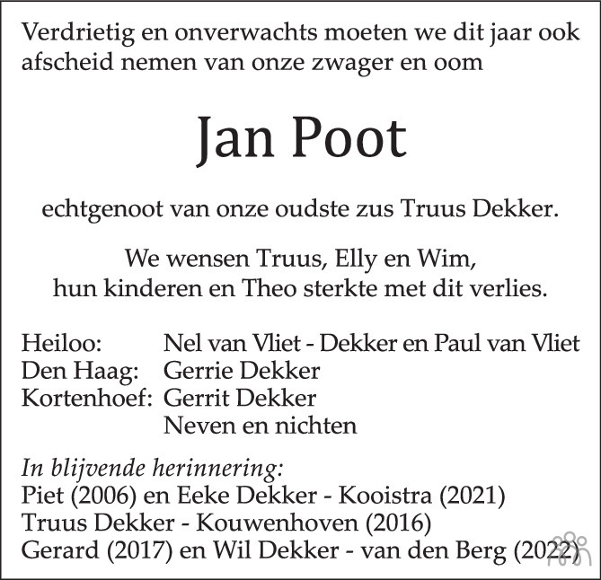 Jan Poot 01-12-2022 overlijdensbericht en condoleances - Mensenlinq.nl