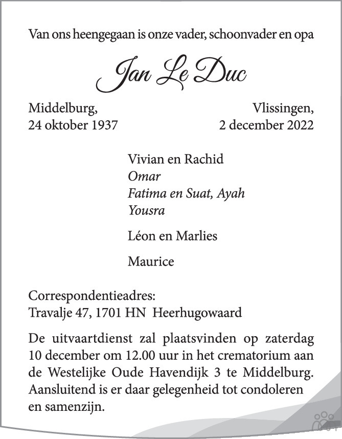Jan Le Duc 02-12-2022 overlijdensbericht en condoleances - Mensenlinq.nl