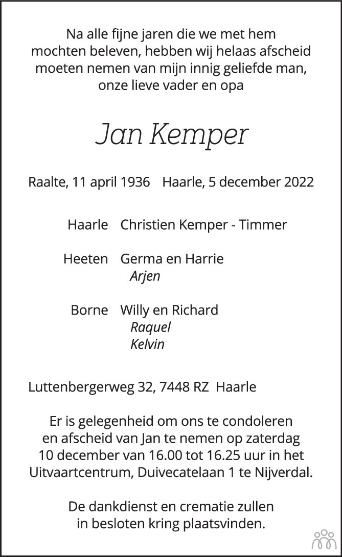 Jan Kemper 05-12-2022 overlijdensbericht en condoleances - Mensenlinq.nl