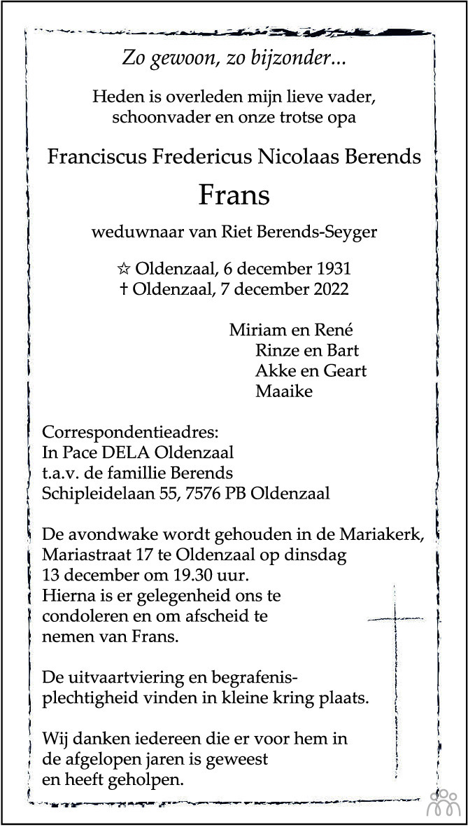 Frans (Franciscus Fredericus Nicolaas) Berends 07-12-2022 ...