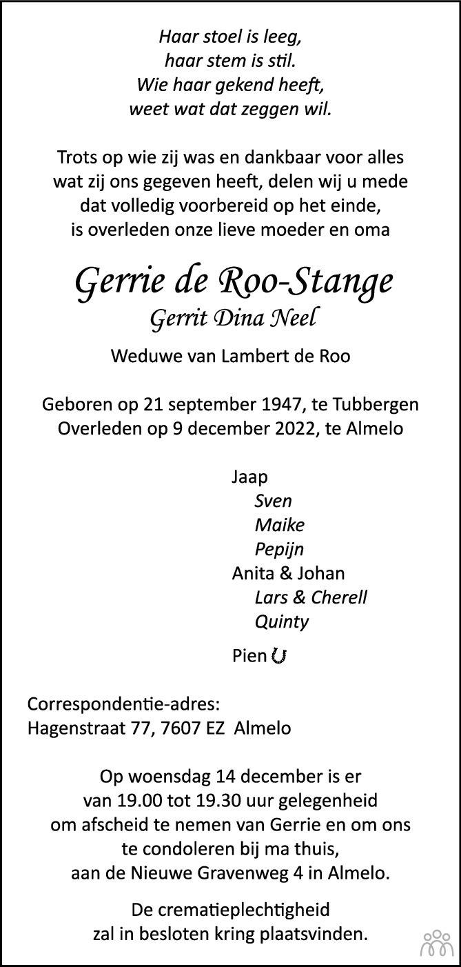 Gerrie (Gerrit Dina Neel) de Roo-Stange 09-12-2022 overlijdensbericht ...