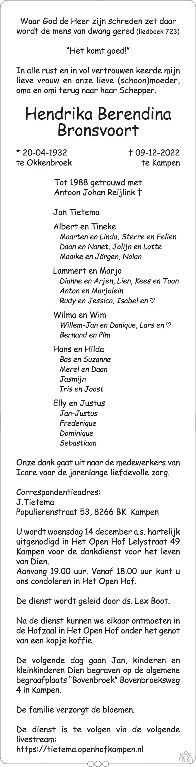 Hendrika Berendina Bronsvoort 09-12-2022 overlijdensbericht en condoleances - Mensenlinq.nl