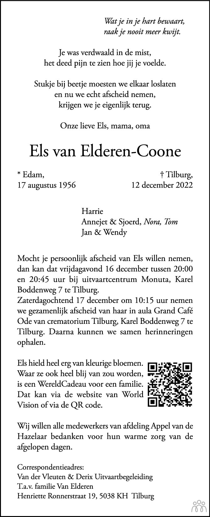 Els van Elderen-Coone 12-12-2022 overlijdensbericht en condoleances ...