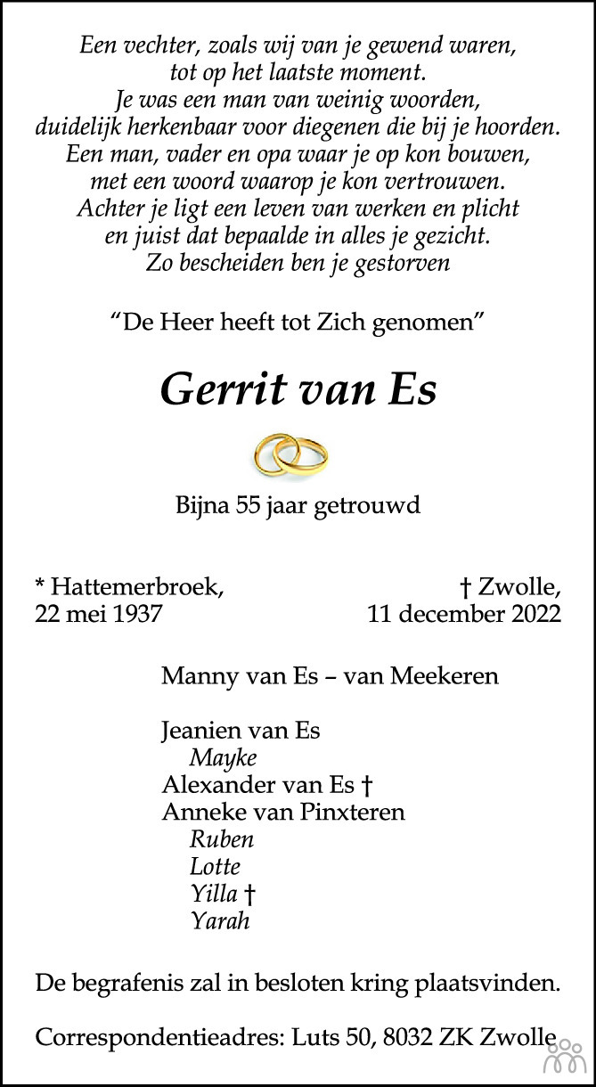 Gerrit van Es 11-12-2022 overlijdensbericht en condoleances - Mensenlinq.nl