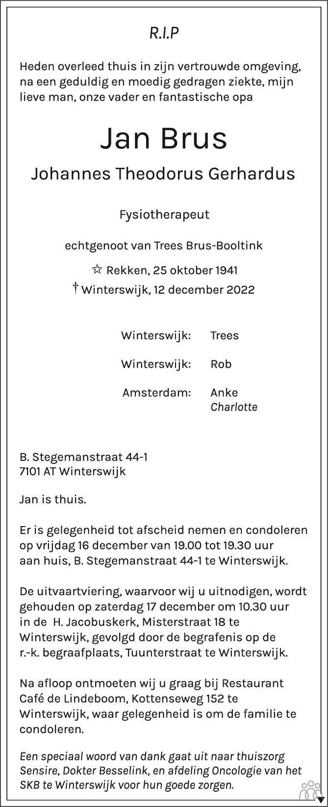 Jan (Johannes Theodorus Gerhardus) Brus 12-12-2022 overlijdensbericht en condoleances ...