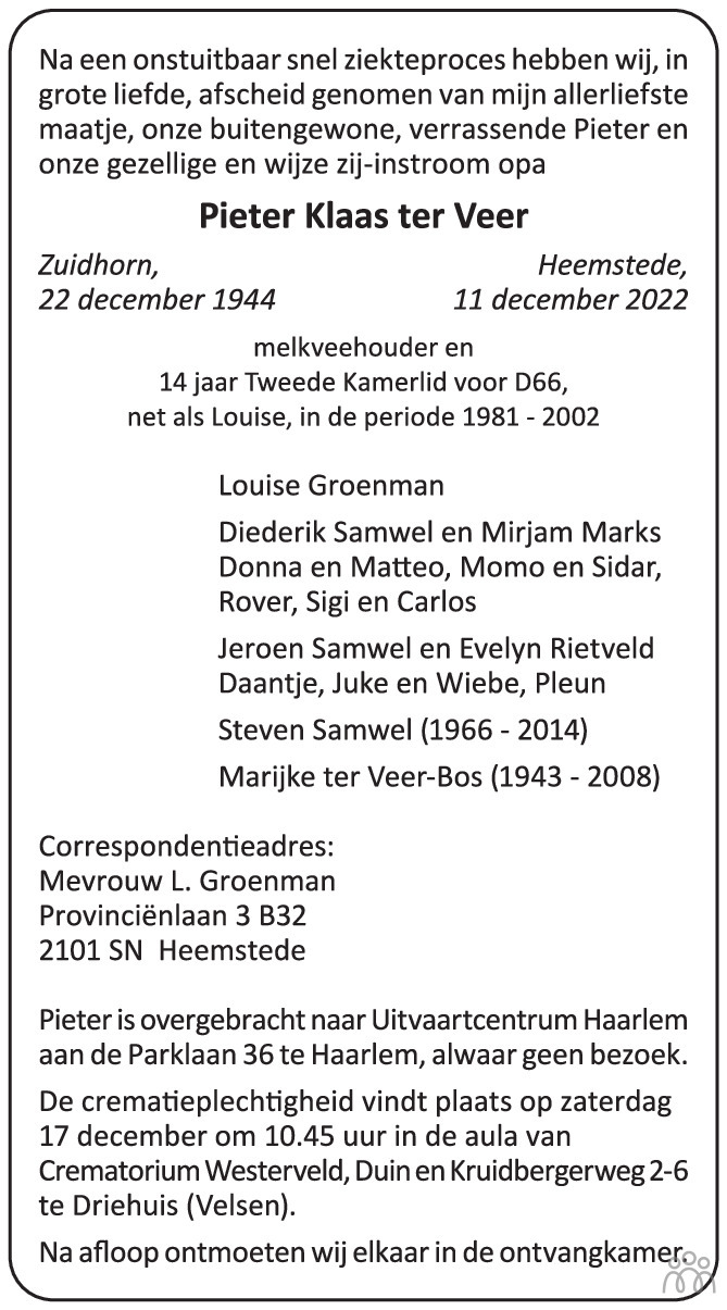 Pieter Klaas ter Veer 11-12-2022 overlijdensbericht en condoleances ...