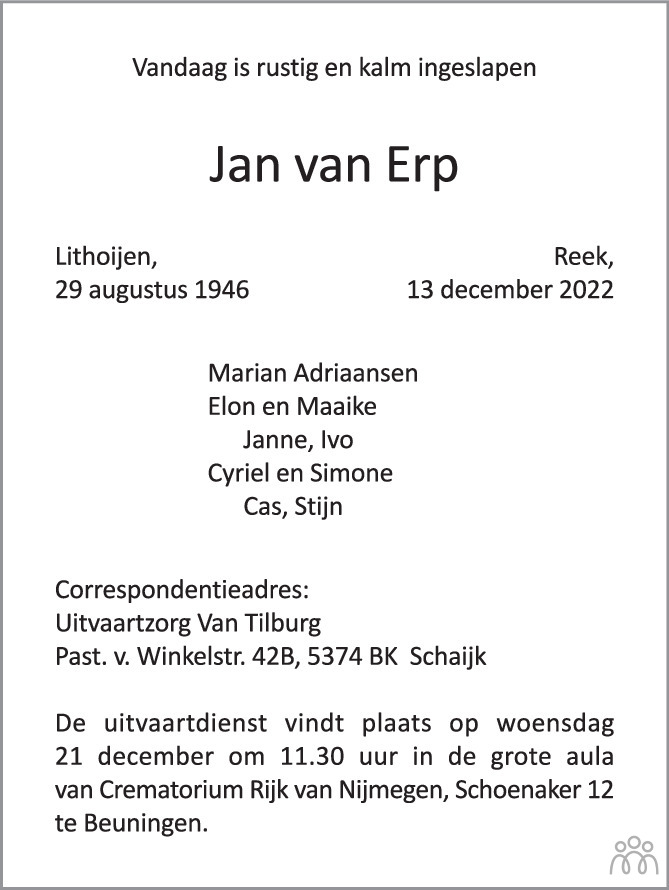 Jan van Erp 13-12-2022 overlijdensbericht en condoleances - Mensenlinq.nl