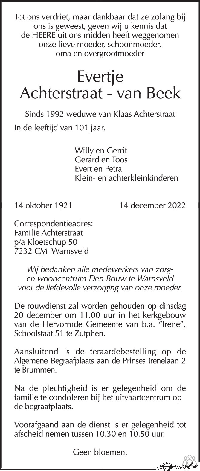 Evertje Achterstraat-van Beek 14-12-2022 overlijdensbericht en ...
