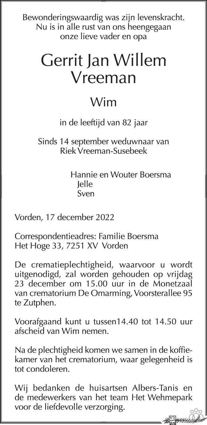 Gerrit Jan Willem Vreeman 17-12-2022 overlijdensbericht en condoleances - Mensenlinq.nl
