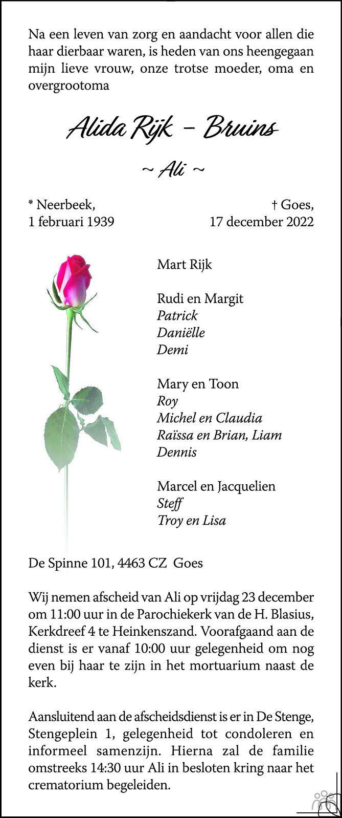 Alida (Ali) Rijk-Bruins 17-12-2022 overlijdensbericht en condoleances ...
