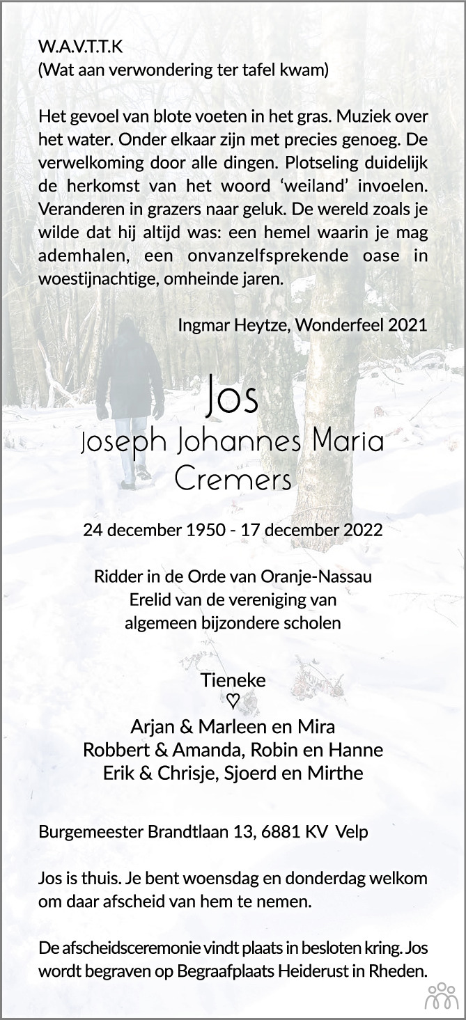 Jos (Joseph Johannes Maria) Cremers 17-12-2022 overlijdensbericht en ...