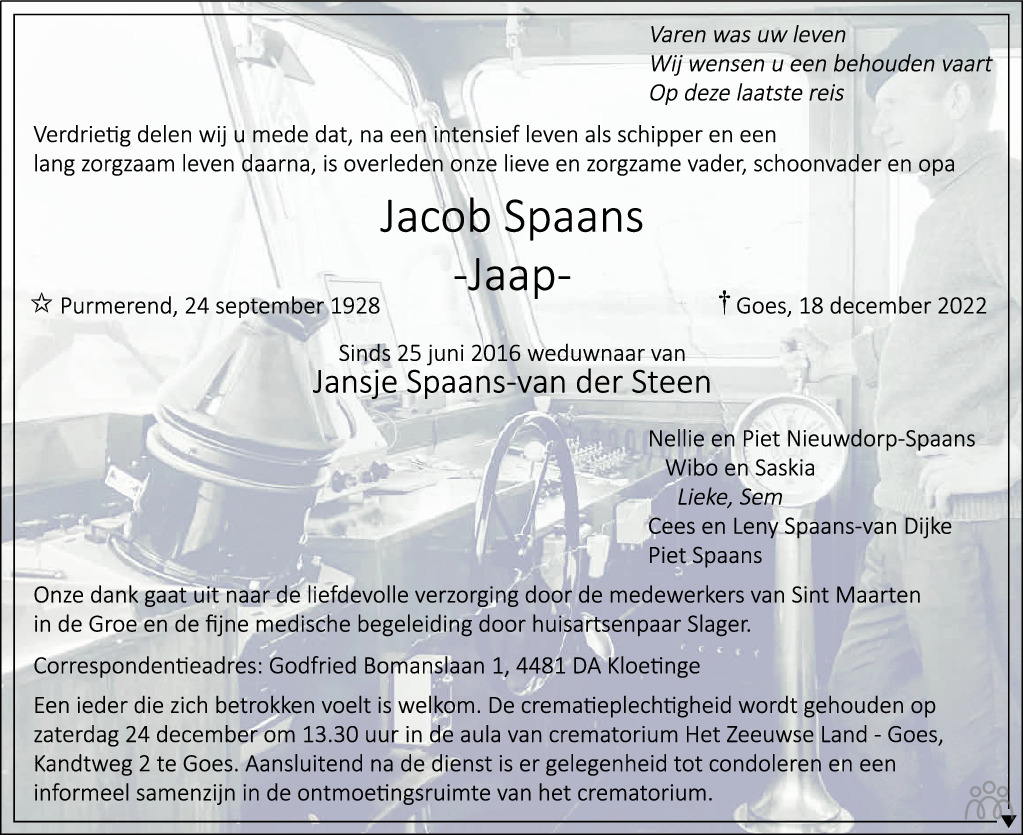 Jacob (Jaap) Spaans 18-12-2022 overlijdensbericht en condoleances ...