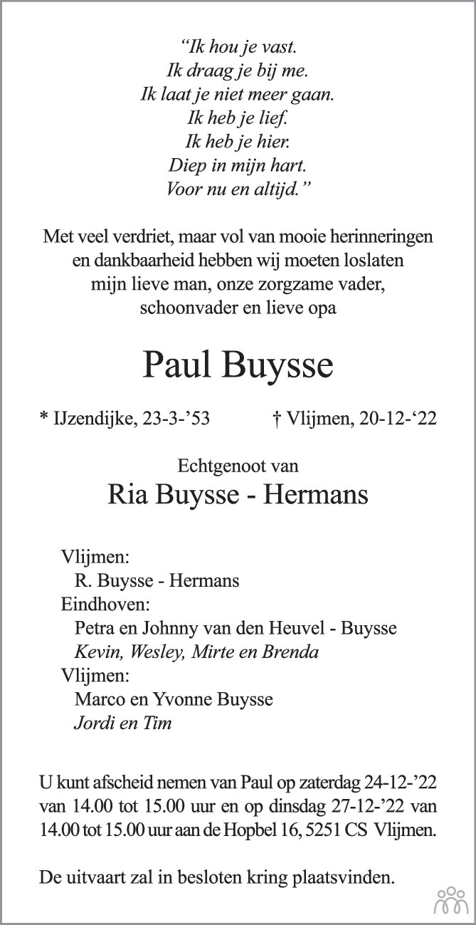 Paul Buysse 20-12-2022 overlijdensbericht en condoleances - Mensenlinq.nl