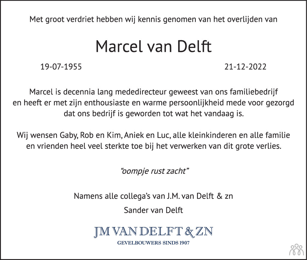 Marcel van Delft 21-12-2022 overlijdensbericht en condoleances ...