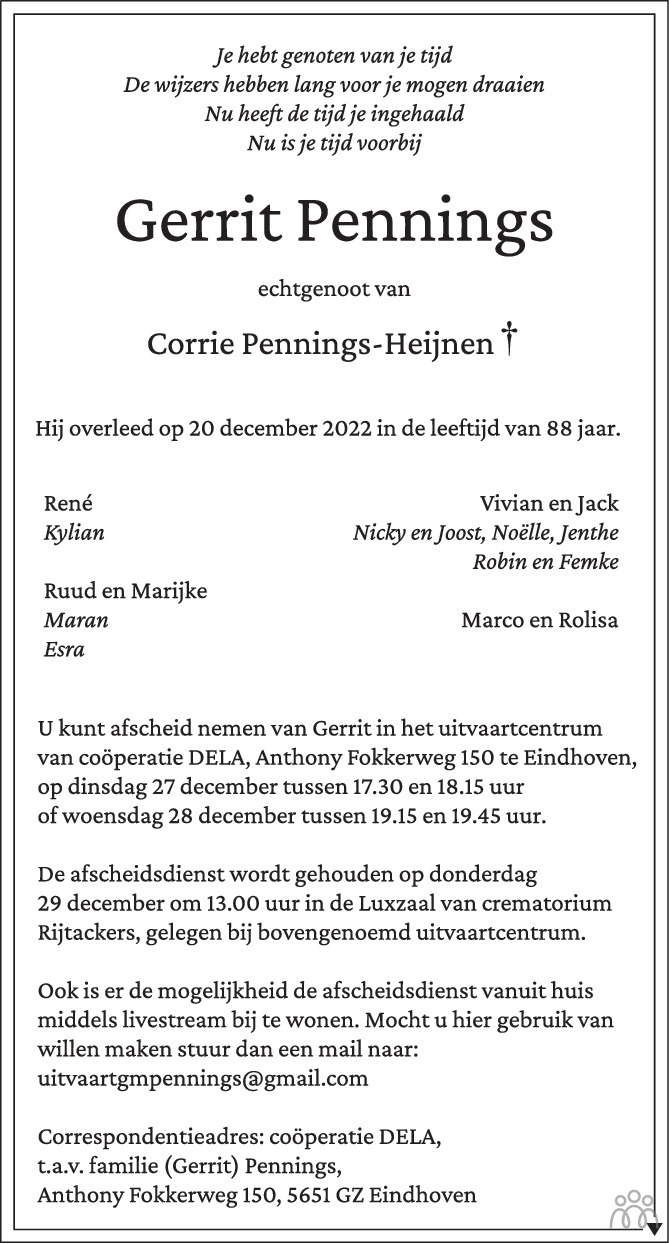 Gerrit Pennings 20-12-2022 overlijdensbericht en condoleances ...