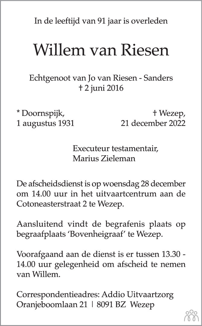 Willem van Riesen 21-12-2022 overlijdensbericht en condoleances ...