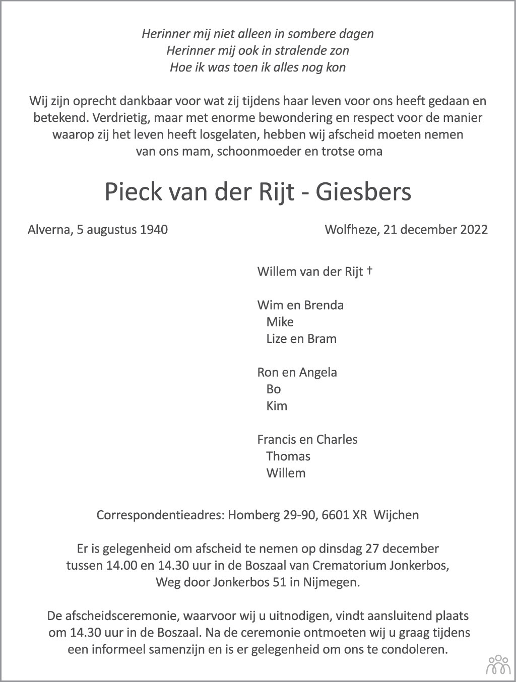 Pieck van der Rijt-Giesbers 21-12-2022 overlijdensbericht en ...