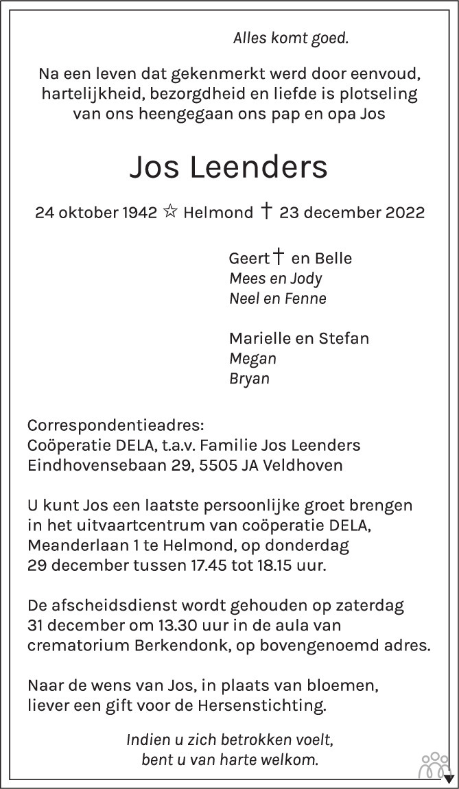 Jos Leenders 23-12-2022 overlijdensbericht en condoleances - Mensenlinq.nl