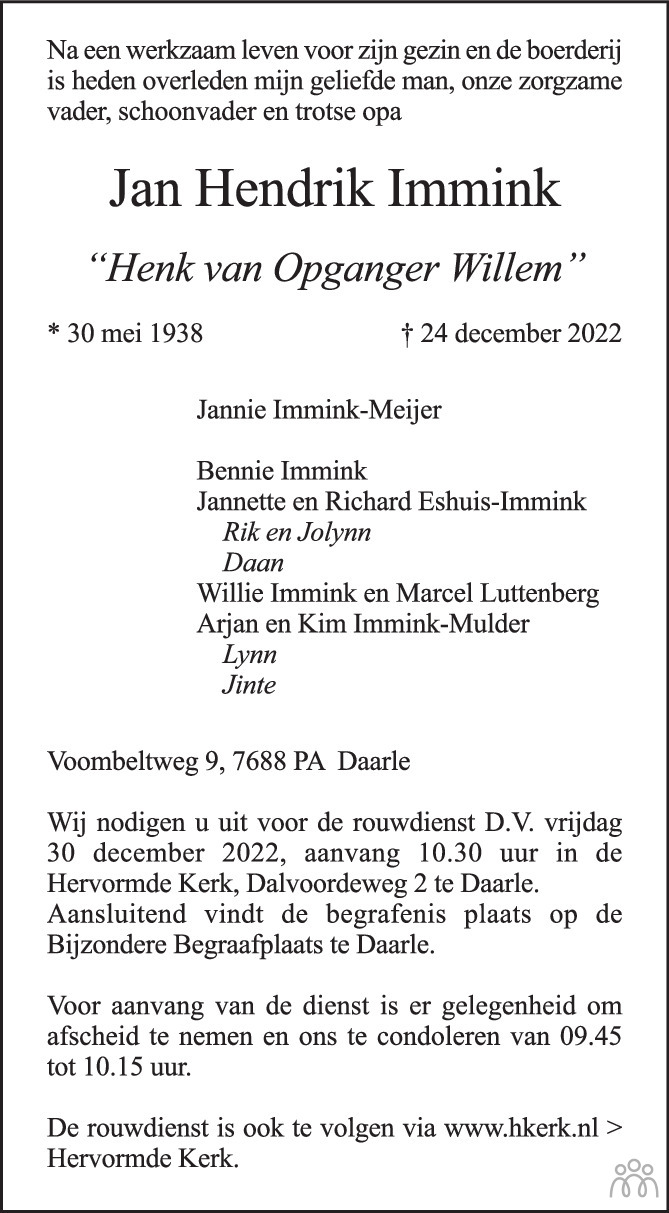 Jan Hendrik Immink 24-12-2022 overlijdensbericht en condoleances ...
