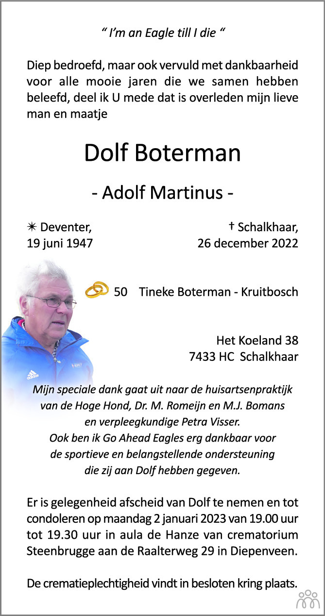 Dolf (Adolf Martinus) Boterman 26-12-2022 overlijdensbericht en ...
