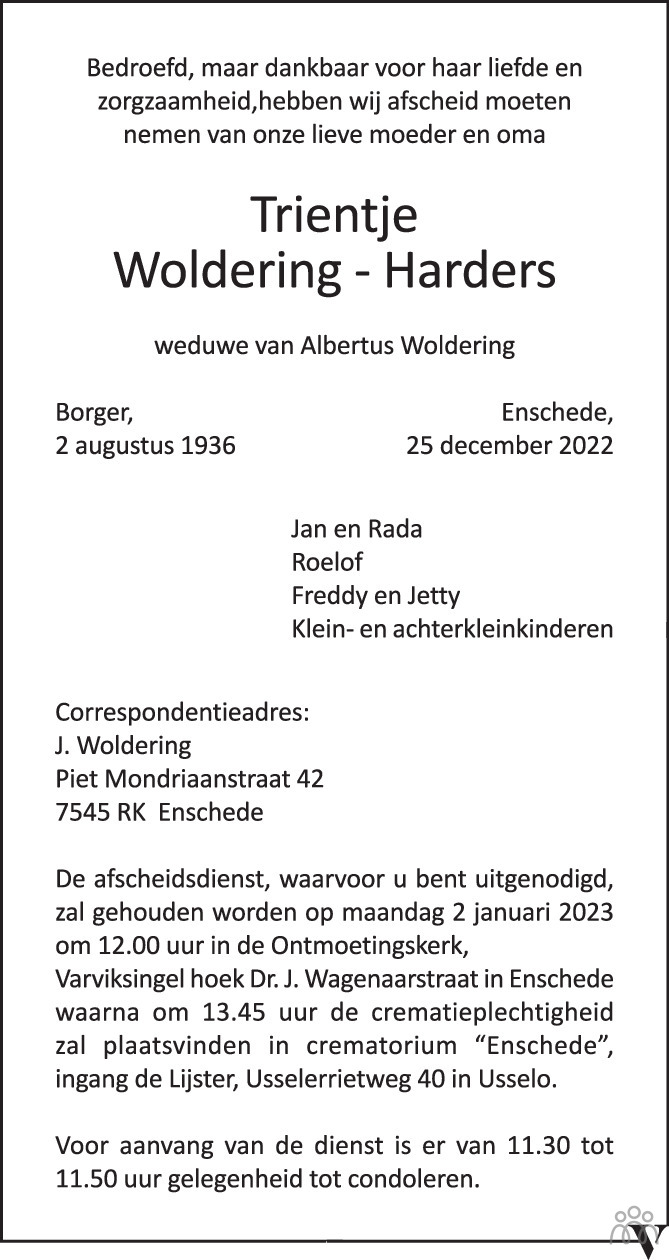 Trientje Woldering-Harders 25-12-2022 overlijdensbericht en ...