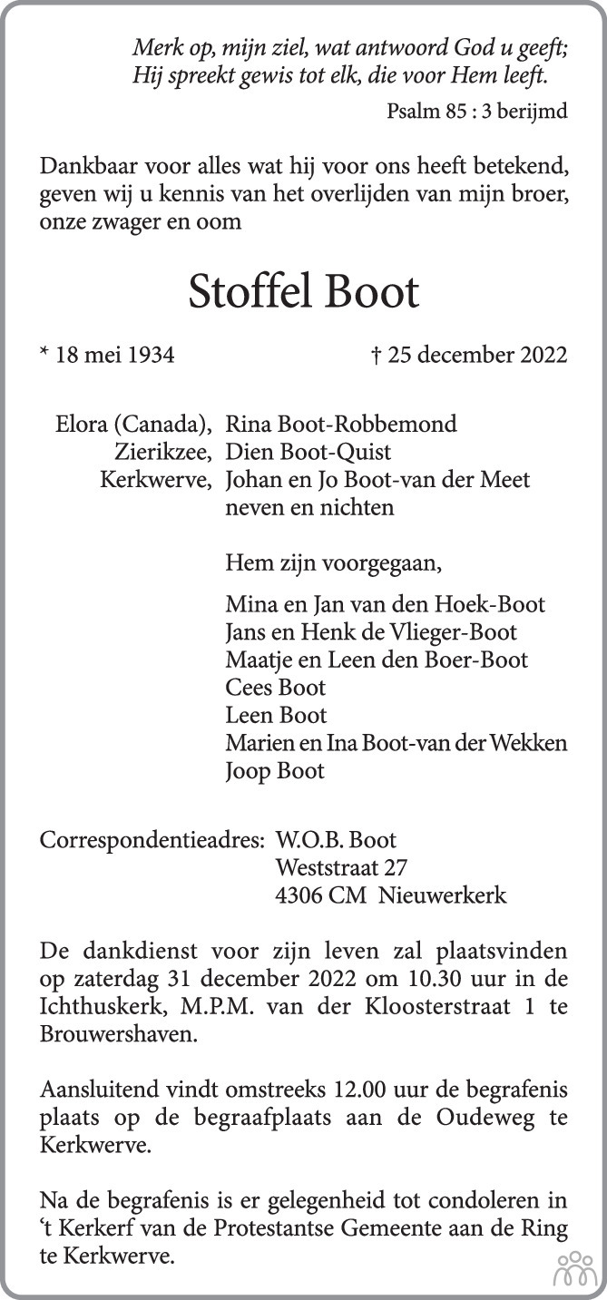 Stoffel Boot 25-12-2022 overlijdensbericht en condoleances - Mensenlinq.nl
