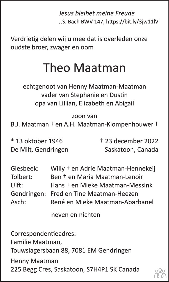 Theo Maatman 23-12-2022 overlijdensbericht en condoleances - Mensenlinq.nl