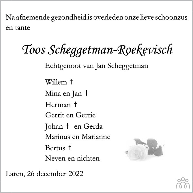 Tonia (Toos) Scheggetman-Roekevisch 26-12-2022 overlijdensbericht en ...