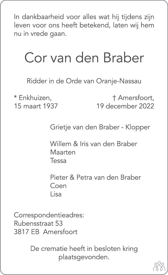 Cor van den Braber 19-12-2022 overlijdensbericht en condoleances ...