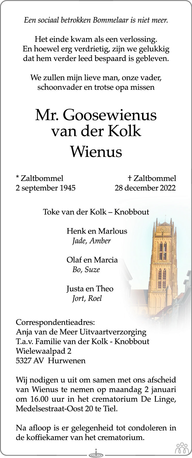 Goosewienus (Wienus) van der Kolk 28-12-2022 overlijdensbericht en ...