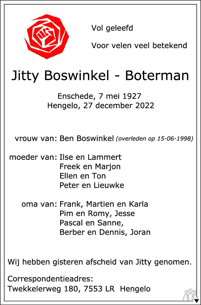Jitty Boswinkel-Boterman 27-12-2022 overlijdensbericht en condoleances ...