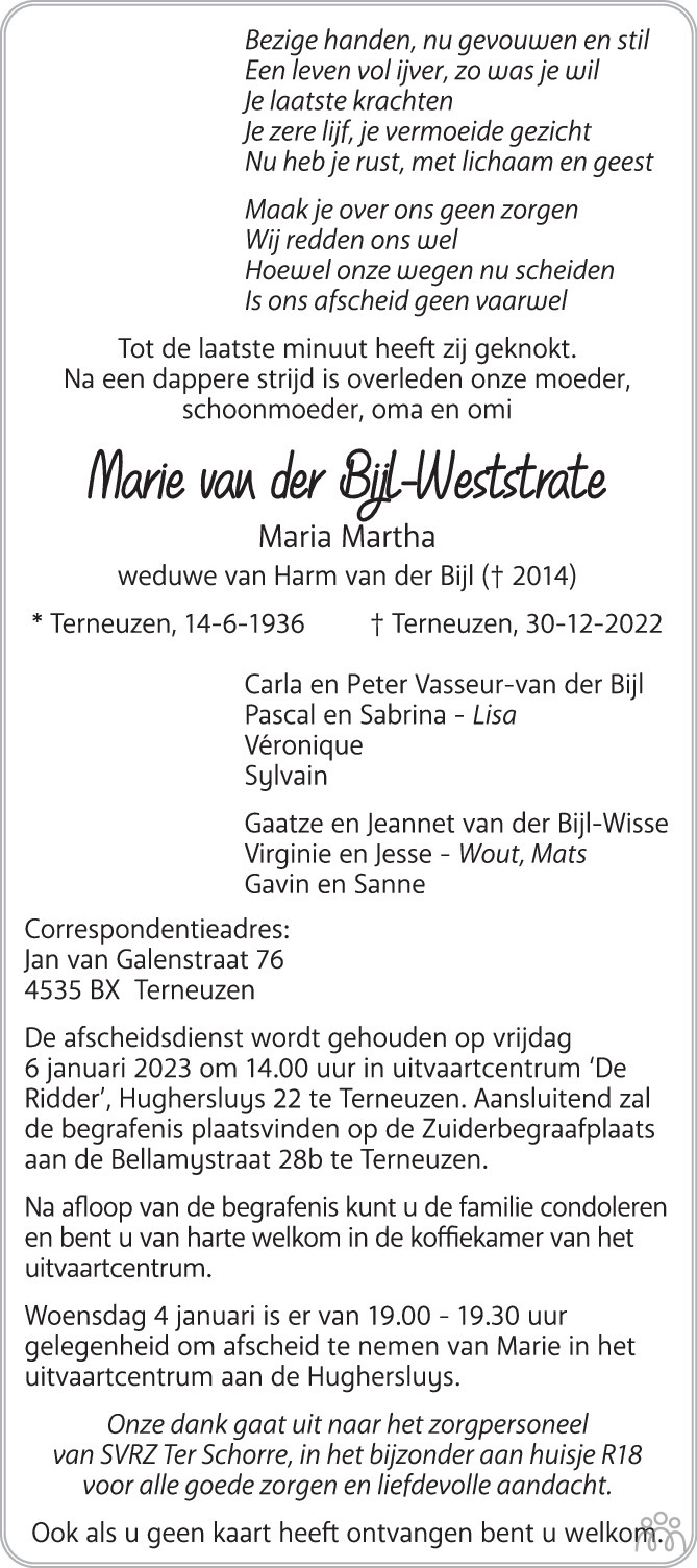 Marie (Maria Martha) van der Bijl-Weststrate 30-12-2022 overlijdensbericht en condoleances ...