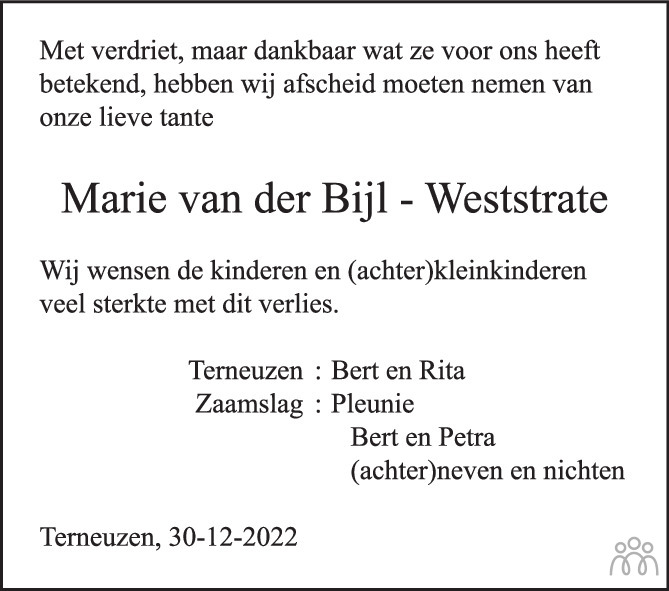 Marie (Maria Martha) van der Bijl-Weststrate 30-12-2022 overlijdensbericht en condoleances ...