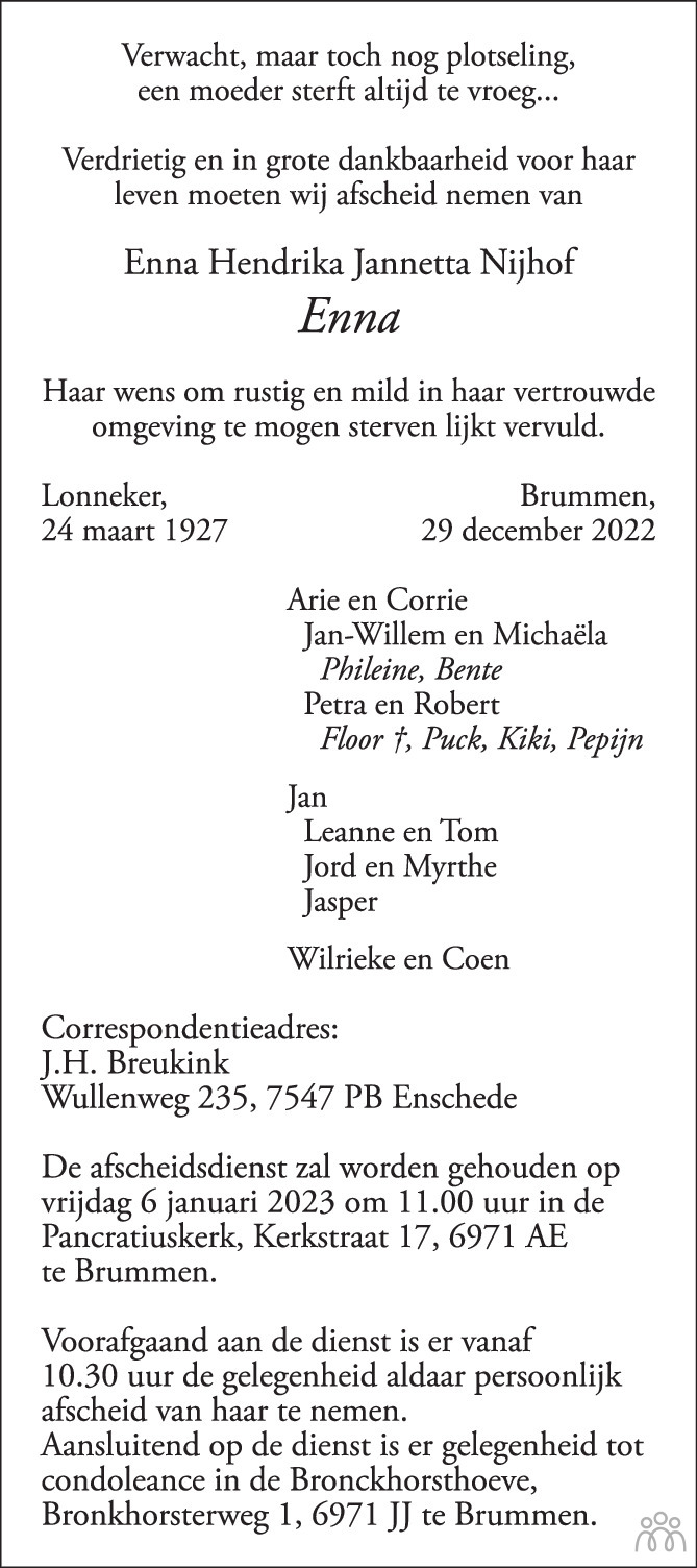 Enna Hendrika Jannetta Nijhof 29-12-2022 overlijdensbericht en ...