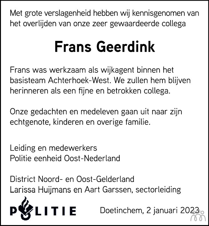 Frans Geerdink 02-01-2023 overlijdensbericht en condoleances - Mensenlinq.nl