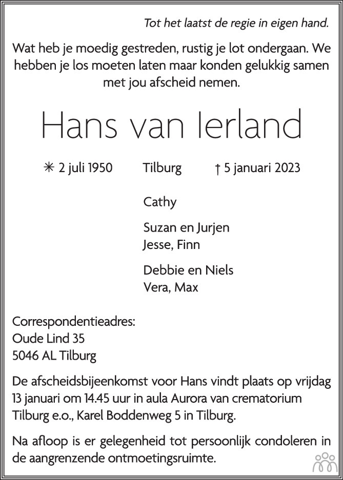 Hans van Ierland 05-01-2023 overlijdensbericht en condoleances ...