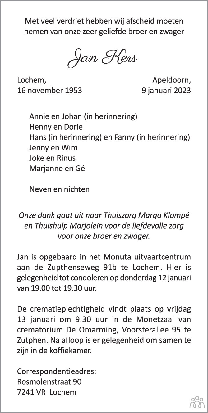 Jan Kers 09-01-2023 overlijdensbericht en condoleances - Mensenlinq.nl