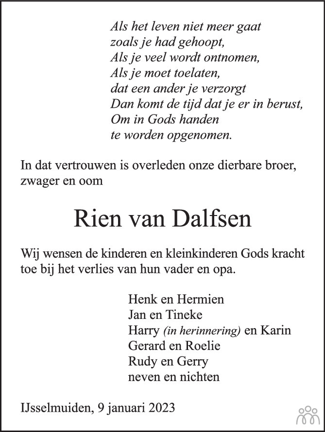 Rien van Dalfsen 09-01-2023 overlijdensbericht en condoleances ...