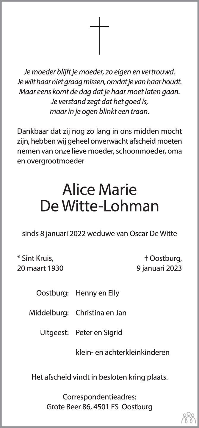Alice Marie de Witte-Lohman 09-01-2023 overlijdensbericht en ...