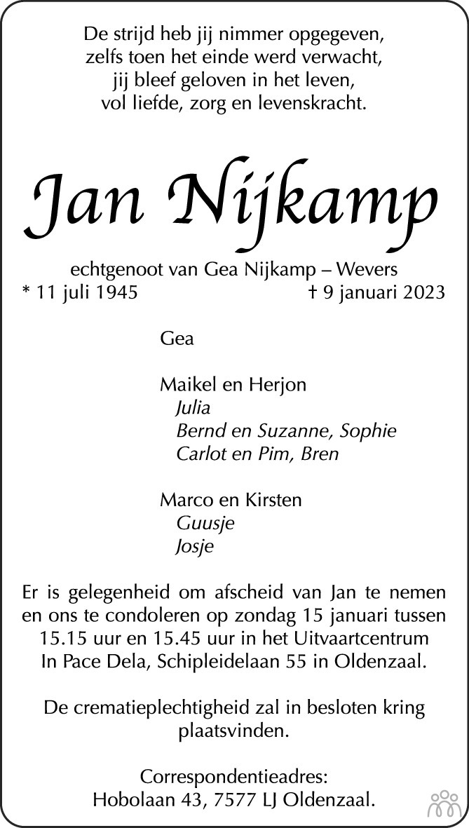Jan Nijkamp 09-01-2023 overlijdensbericht en condoleances - Mensenlinq.nl