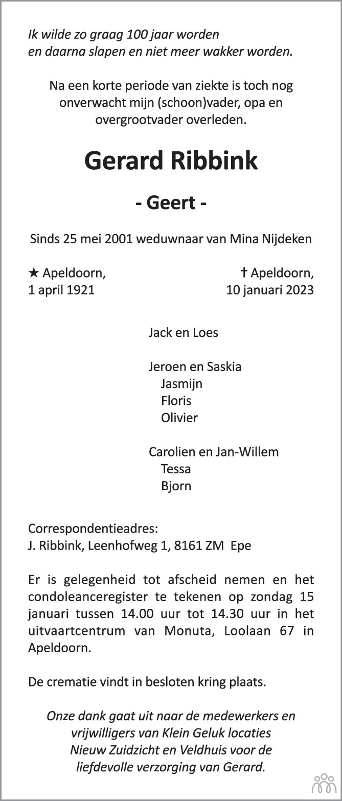 Gerard (Geert) Ribbink 10-01-2023 overlijdensbericht en condoleances ...